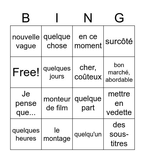 Révision de vocabulaire - Sumeet Bingo Card