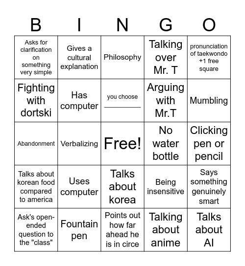 Chungo Bingo Card Chungo Bingo Card