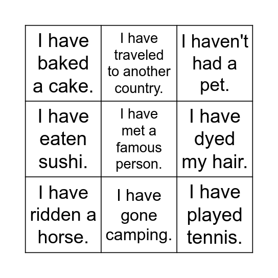 Present Perfect Bingo Card