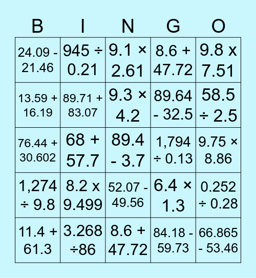 Decimal Operations Bingo Card