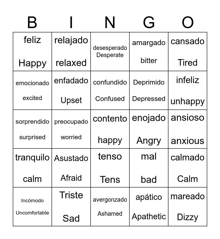 Emociones Bingo Card