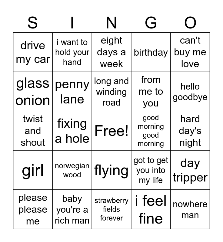 Beatles Bingo Card