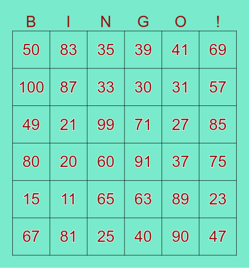 numbers 1-100 Bingo Card