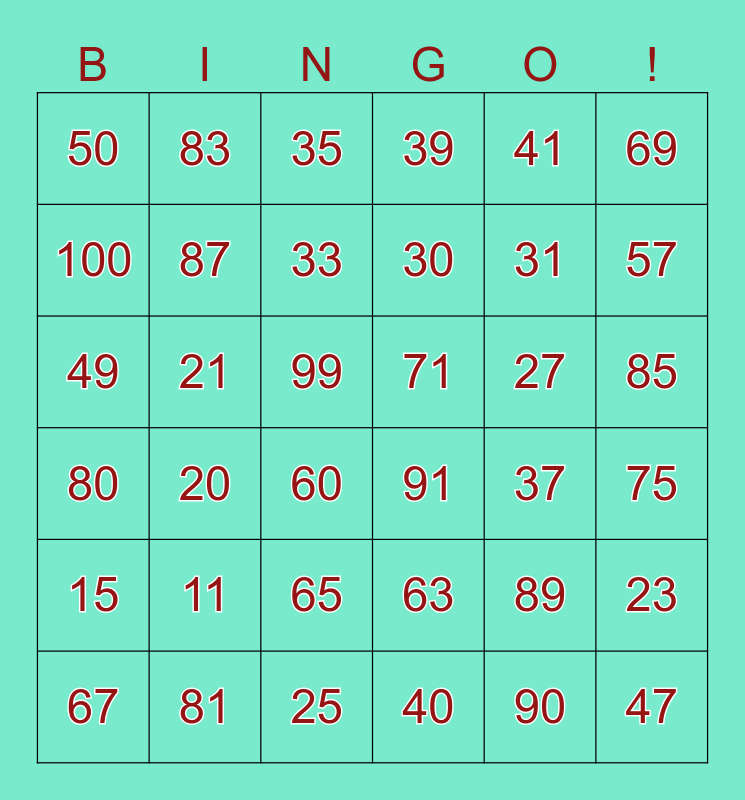 numbers 1-100 Bingo Card
