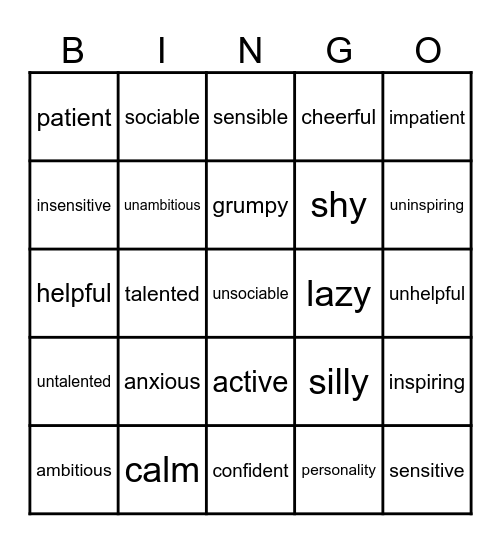 PERSONALITY ADJECTIVES Bingo Card
