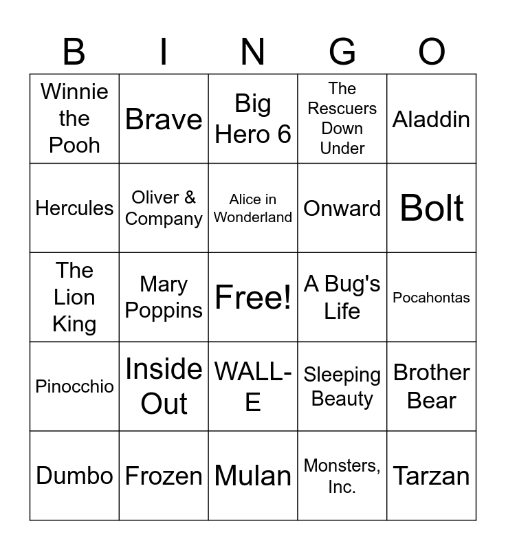 Disney & Pixar Movie Bingo Card