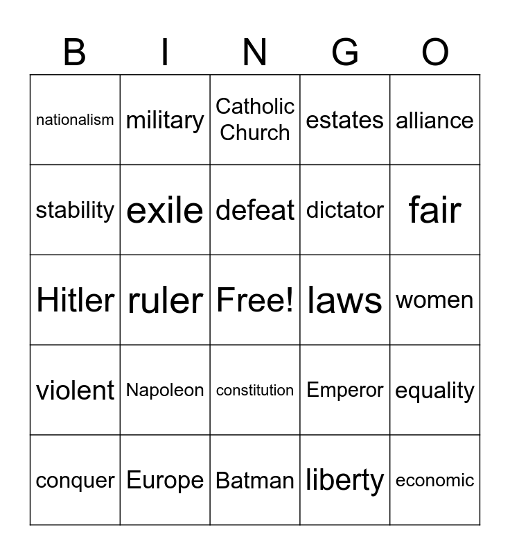 Napoleon and French Revolution Review Bingo Card