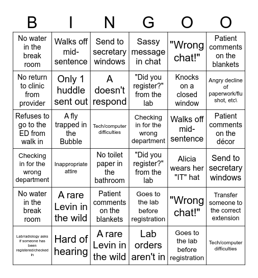 Registration/Check Out Secretary Bingo! Bingo Card