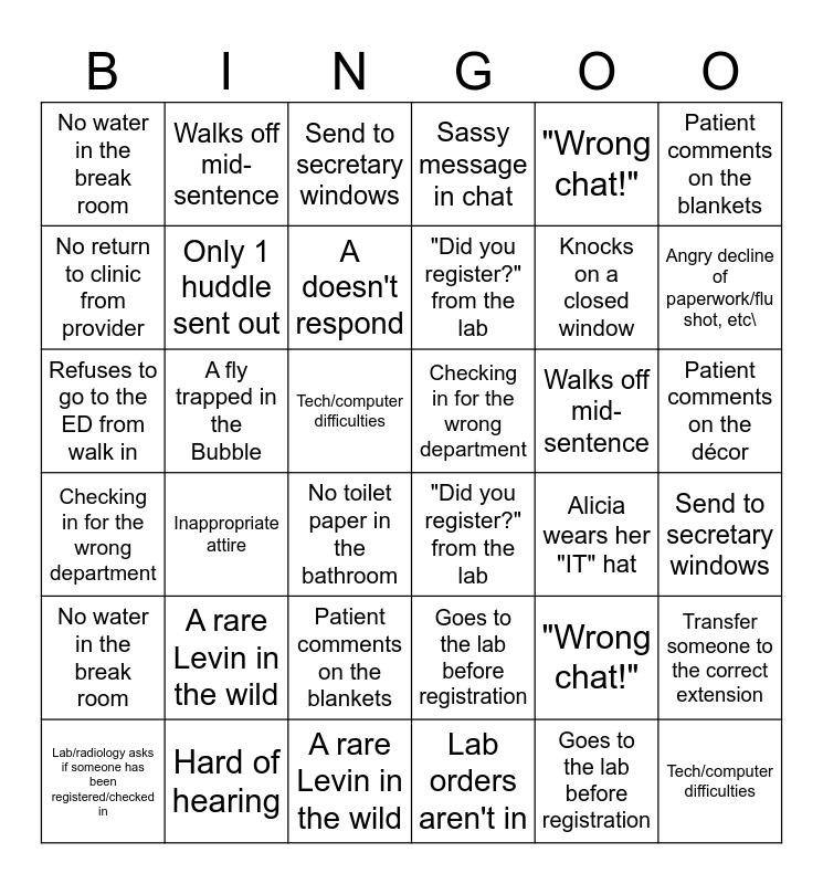 Registration/Check Out Secretary Bingo! Bingo Card