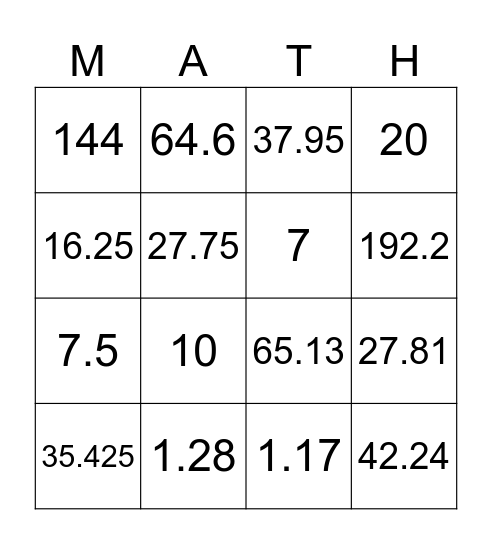 Multiplying Decimals MATHO Bingo Card