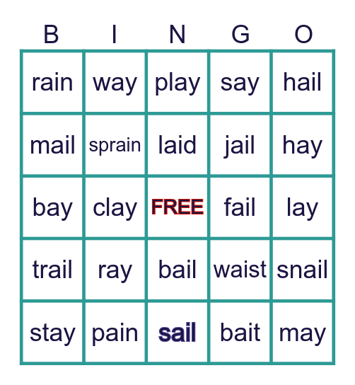 ai and ay words Bingo Card