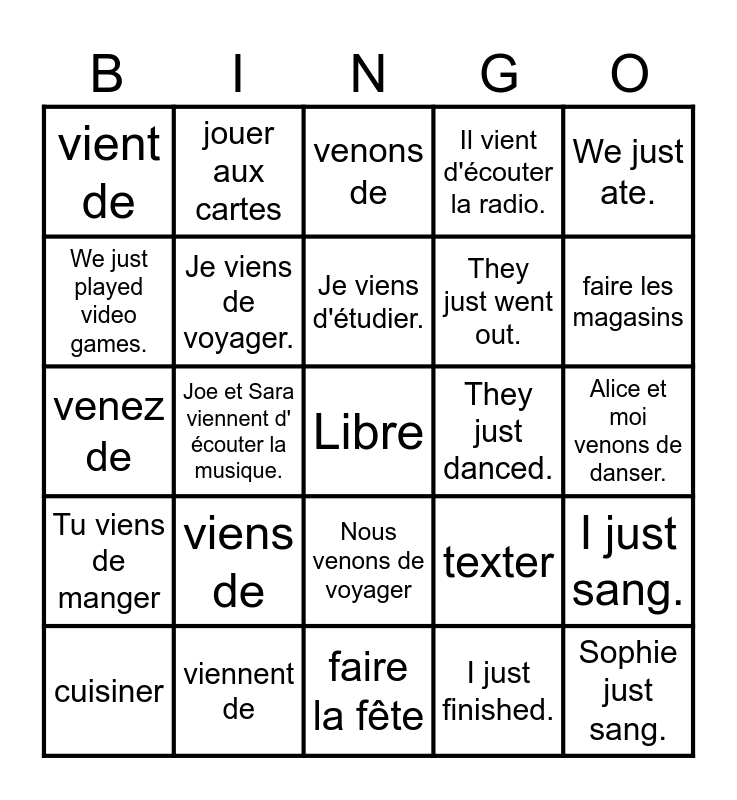 French Near Future and Recent Past Bingo Card