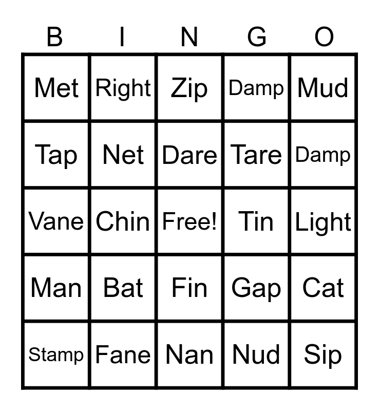 Minimal Pair Bingo Card