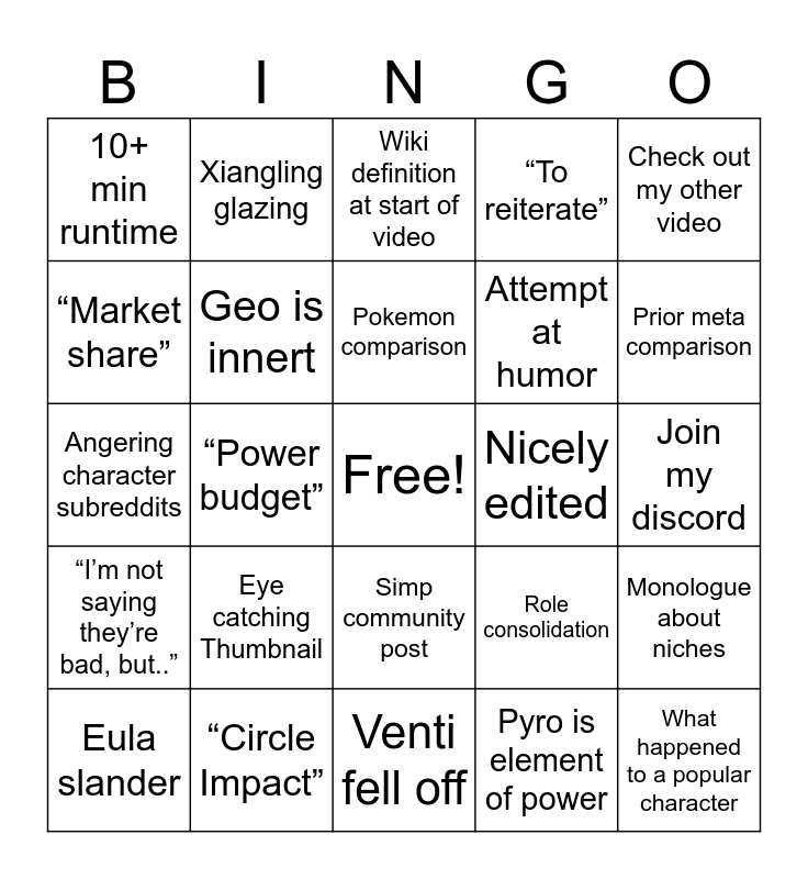 VARS II Bingo Card