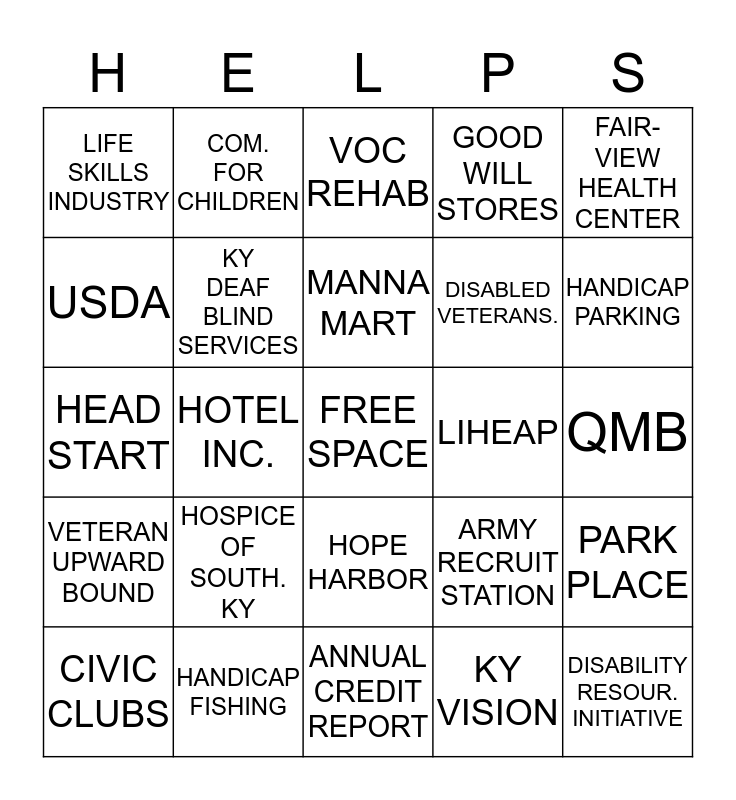 LIFESKILLS COMMUNITY RESOURCES Bingo Card