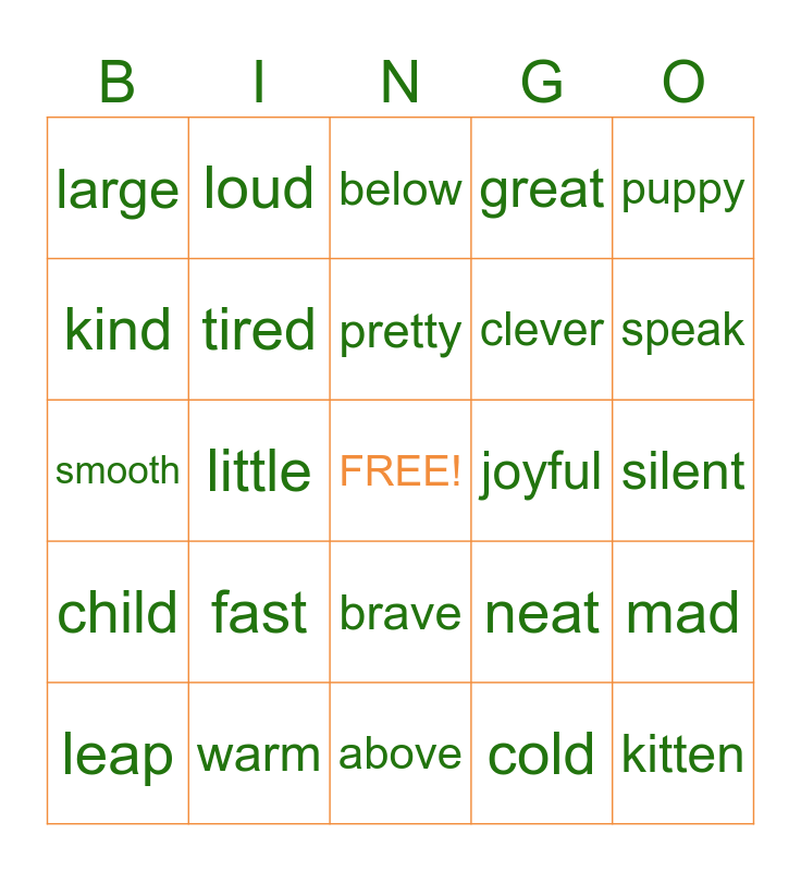 Synonym Bingo Card