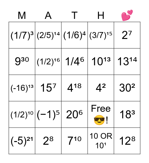 Exponents Bingo Card