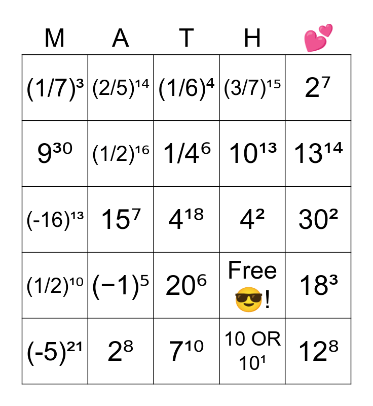 Exponents Bingo Card