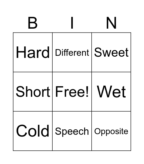 Opposites Bingo Card