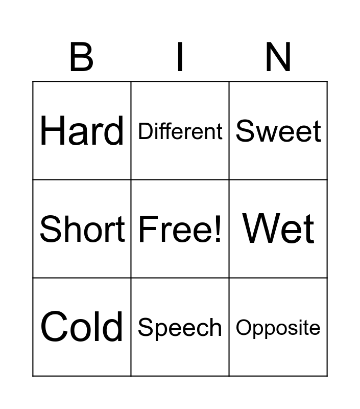 Opposites Bingo Card