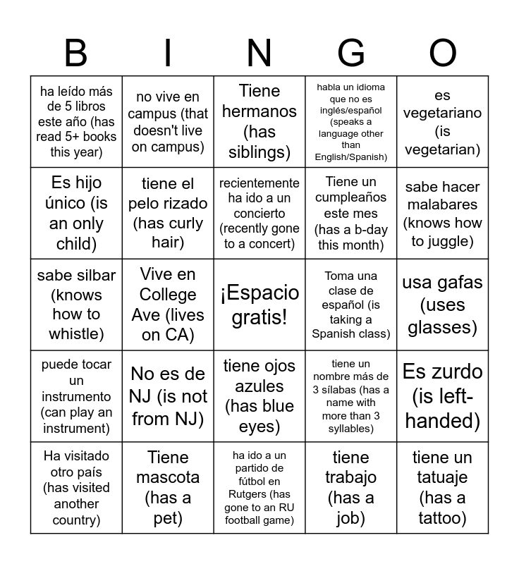 Encuentra a alguien que... (find someone that...) Bingo Card