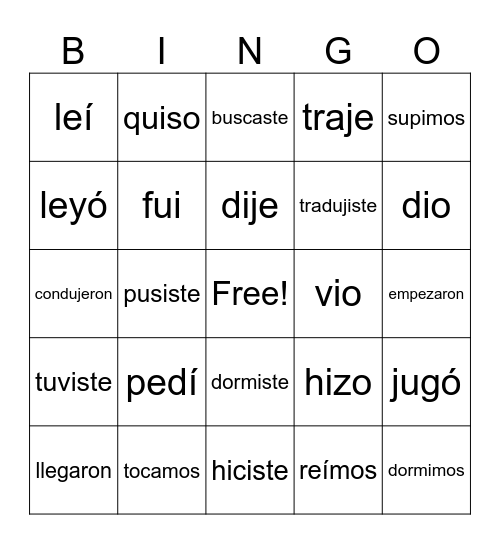 Pretérito Bingo Card