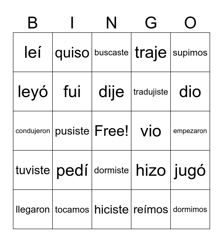 Pretérito Bingo Card