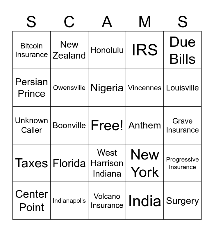 Scam Caller Bingo Card