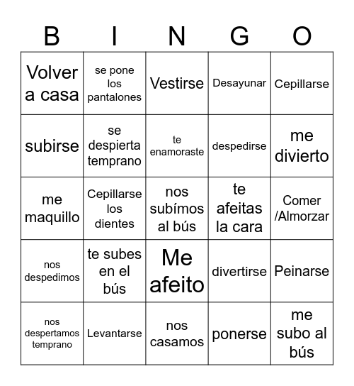Reflexive Verbs Spanish Bingo Card