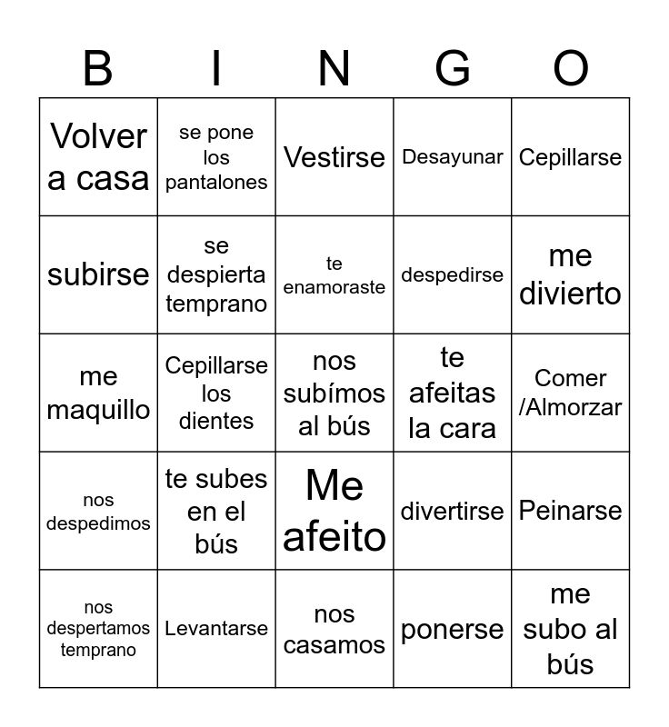 Reflexive Verbs Spanish Bingo Card