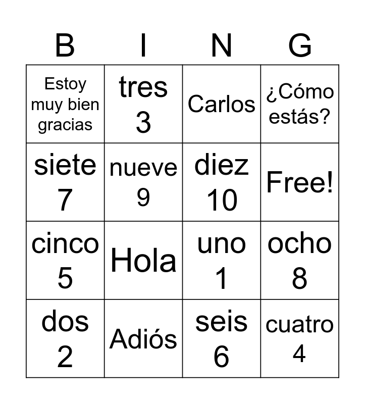 Spanish Greetings Bingo Card