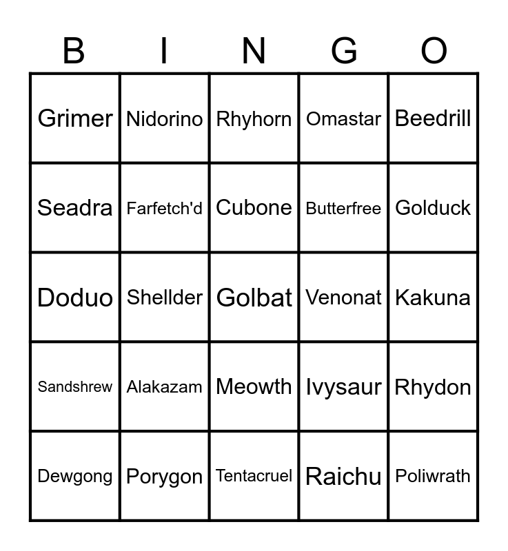 Pokemon Gen 1 (No alt. forms) Bingo Card