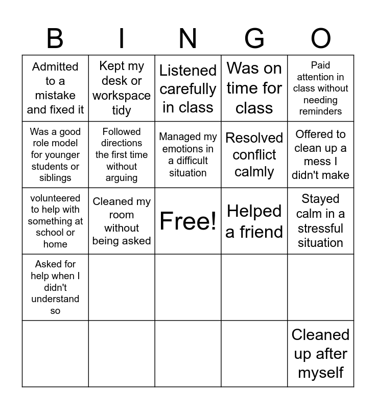 Responsibility BINGO Card