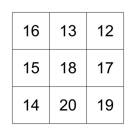 Teen Number Bingo Card