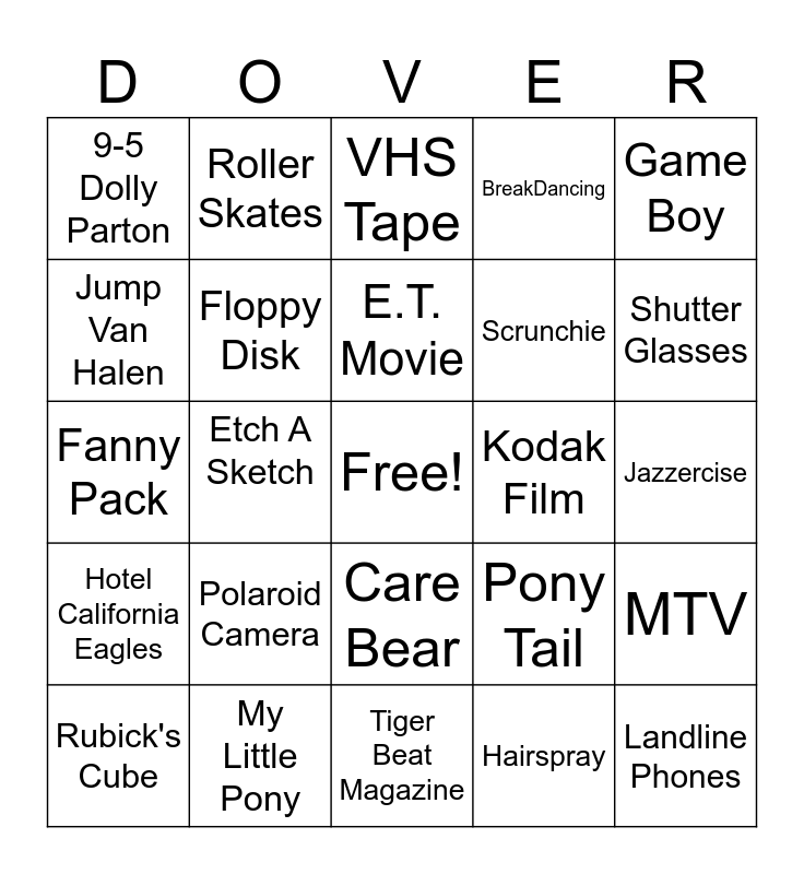 Dover Cliffs 80's Bingo Card