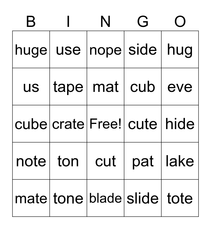 Silent E Bingo Card