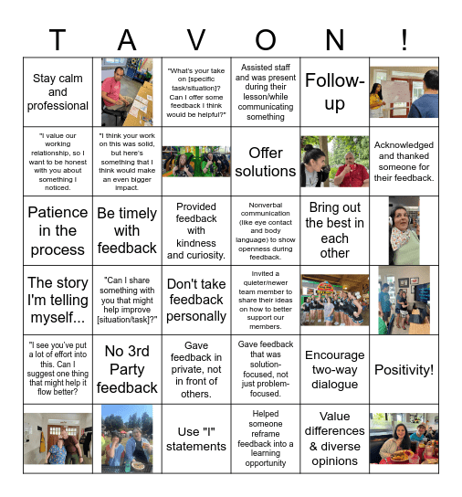 Staff Teamwork/Feedback Bingo Card