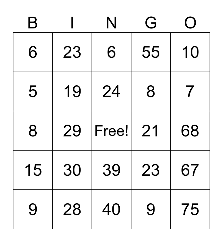 Number Bingo 1-20 Bingo Card