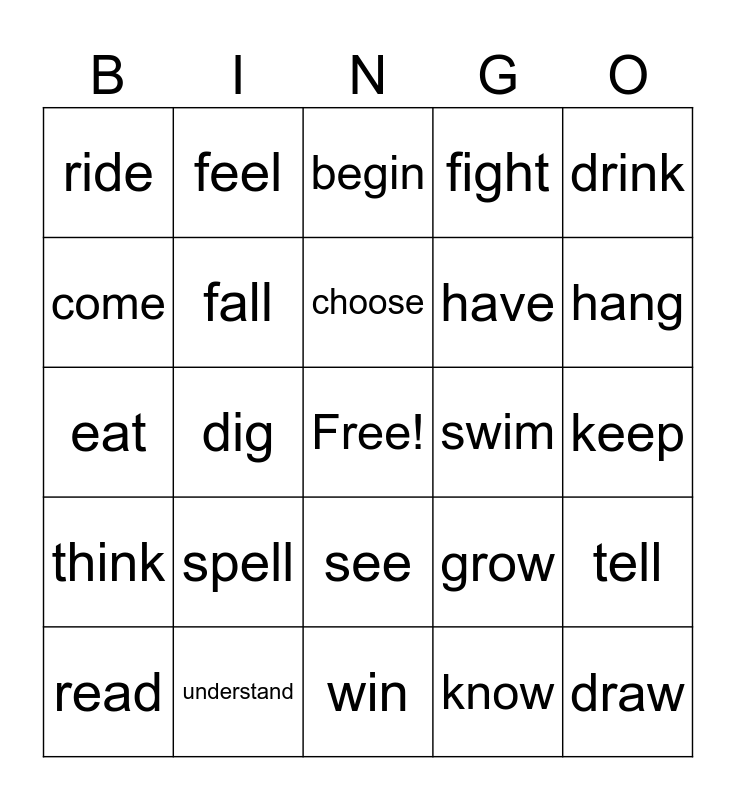 Past Participle Bingo Card