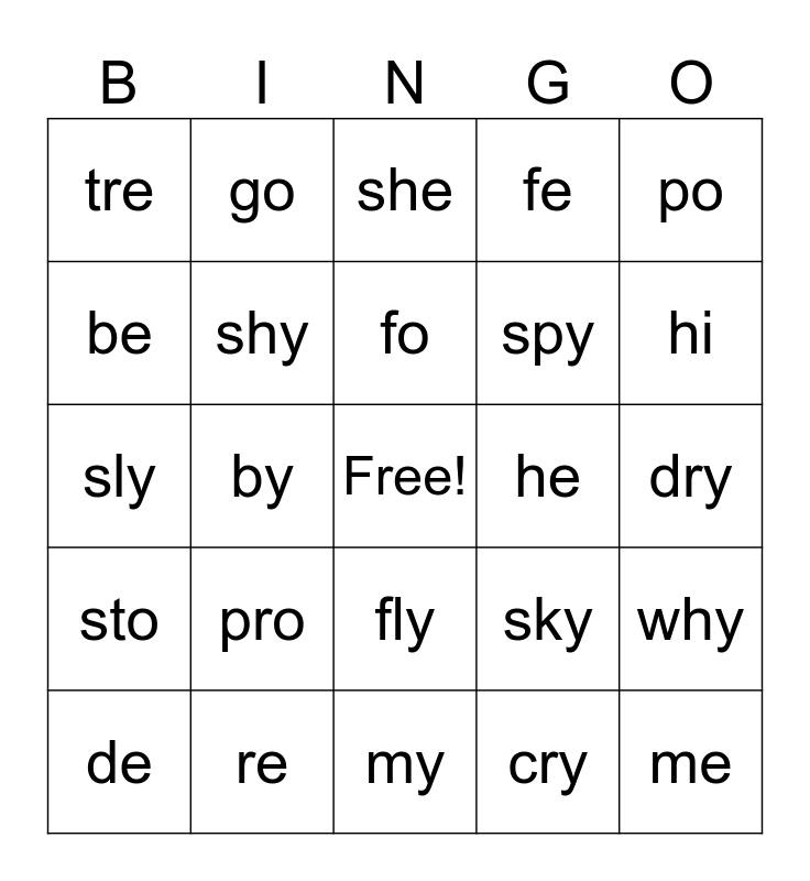 Open syllable bingo Card
