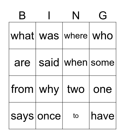Tricky Words Bingo Card