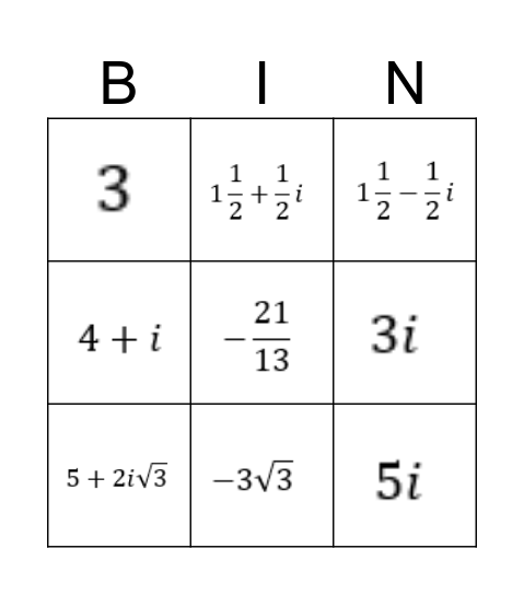 Complex numbers Bingo Card