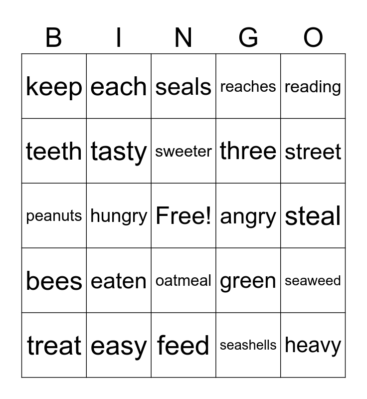 Alphie Discovers Long E Spellings ee,ea,-y Bingo Card