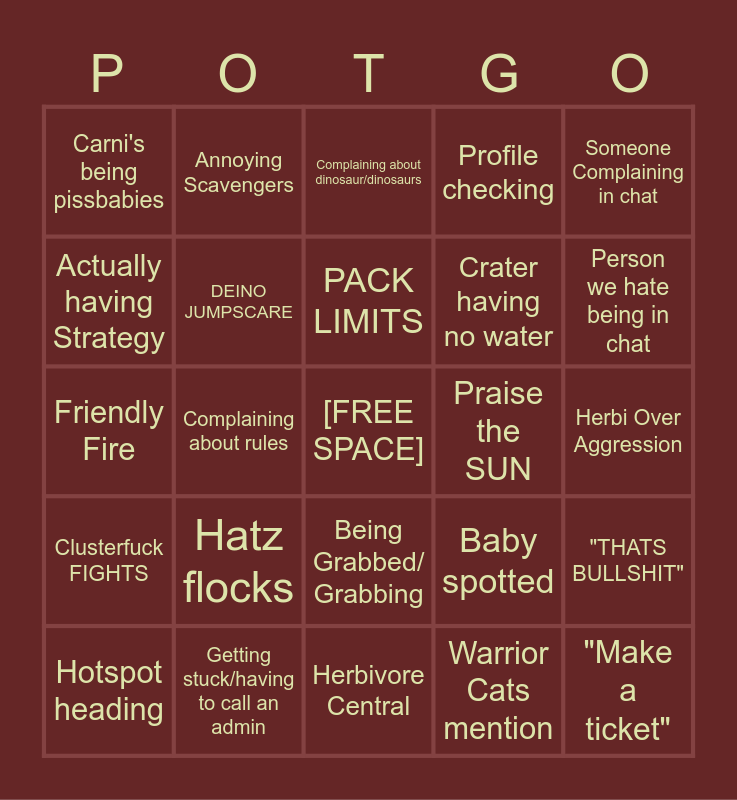 Path of Titans GC Bingo Card