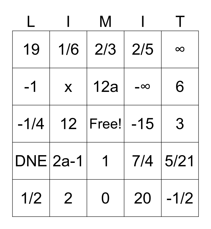 Calculus Bingo! Bingo Card