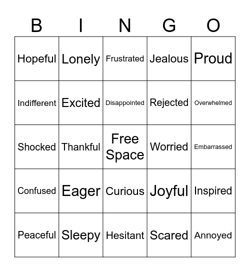 Emotions & Feelings Bingo Chart Bingo Card