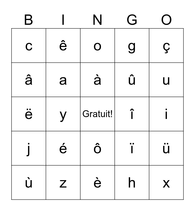 Les lettres et accents Bingo Card
