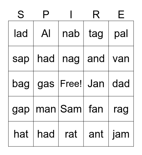 SPIRE Level 1`Lesson 1 and 1a Bingo Card