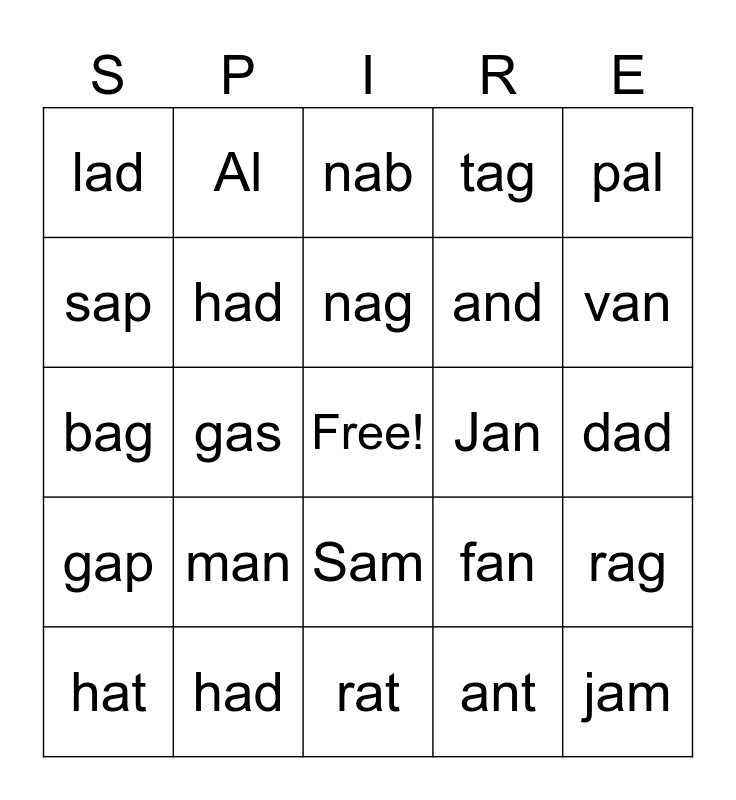 SPIRE Level 1`Lesson 1 and 1a Bingo Card