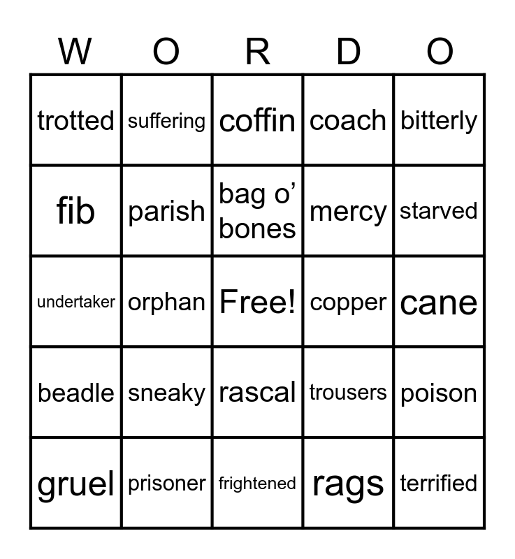 Oliver Twist Chapters 1 - 5 Bingo Card